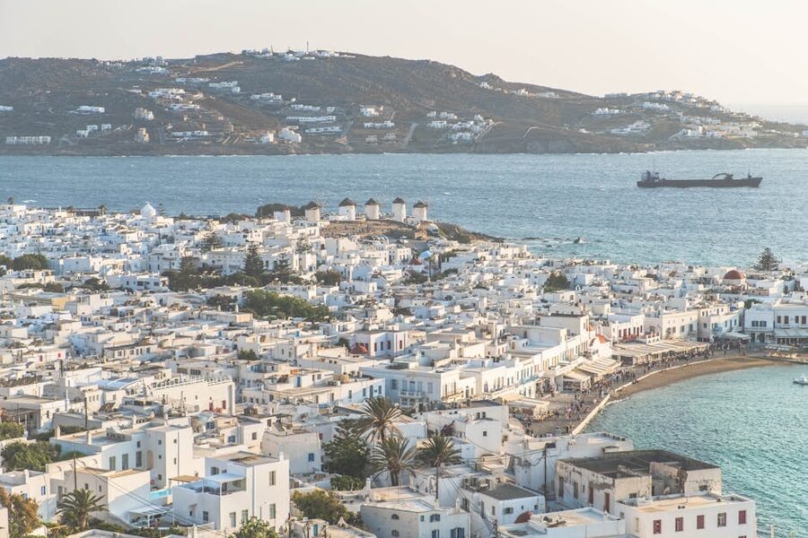 Aerial view of Mykonos Old Port showing traditional white buildings
