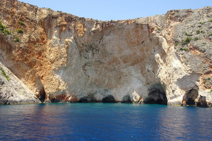 Coastal cliffs and caves at Zakynthos Island, Greece
