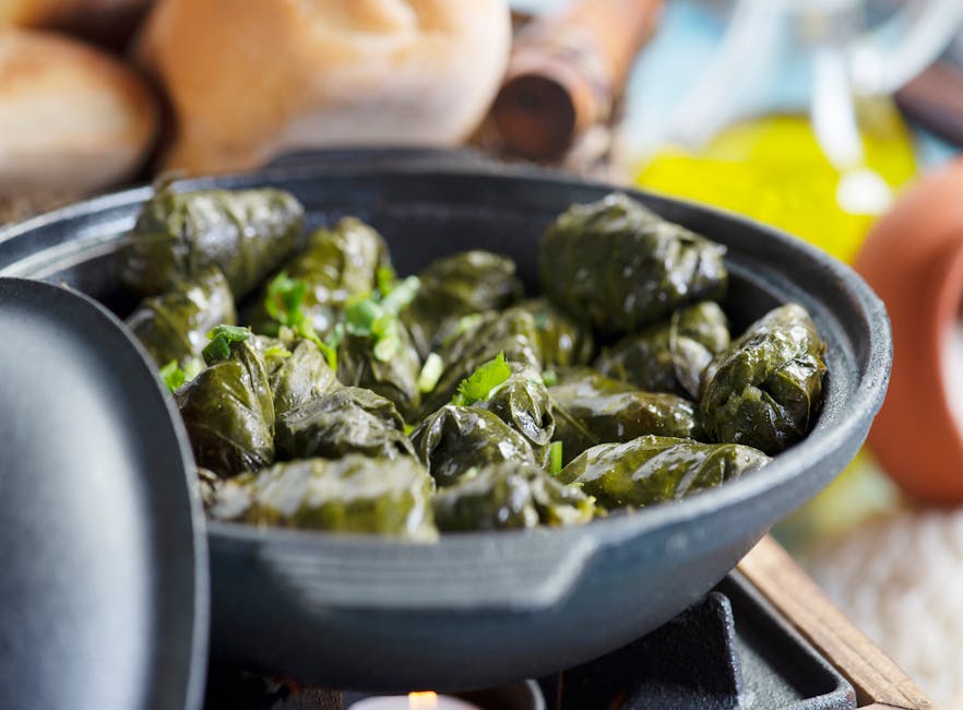 Stuffed grape leaves served in a ceramic dish for a Mediterranean meal
