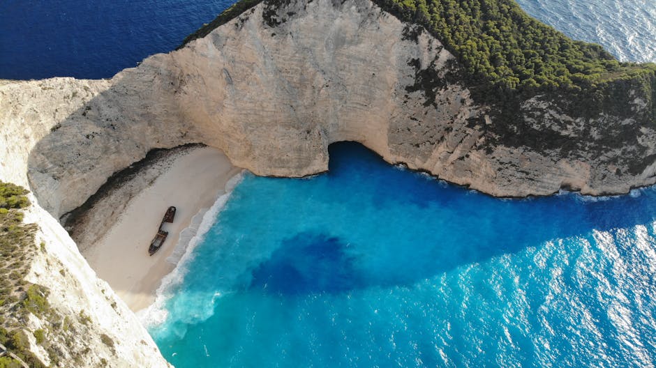 Aerial view of Navagio Beach with vibrant blue waters and the shipwreck