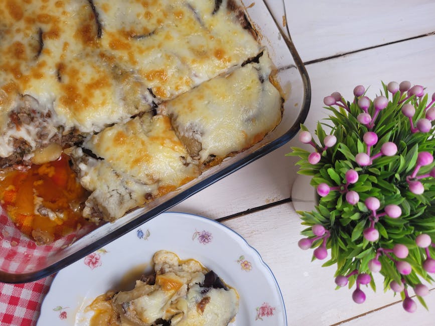 Cheesy baked moussaka served on a plate