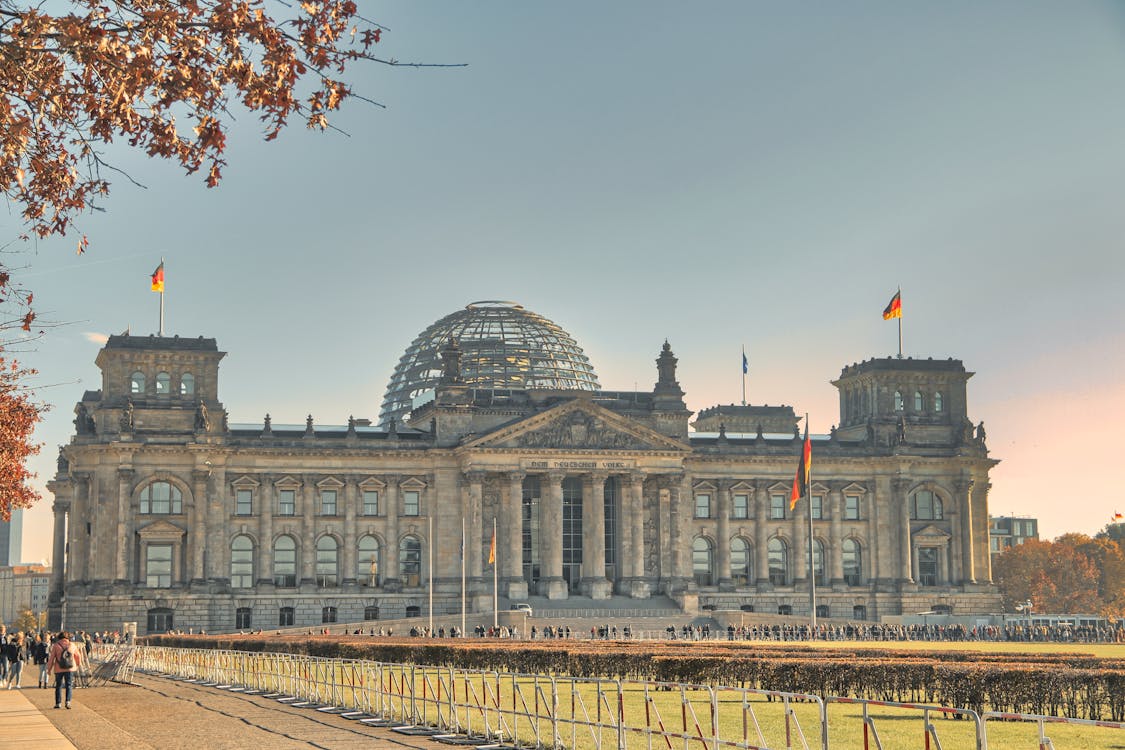 Historic Reichstag Building with glass dome and garden area