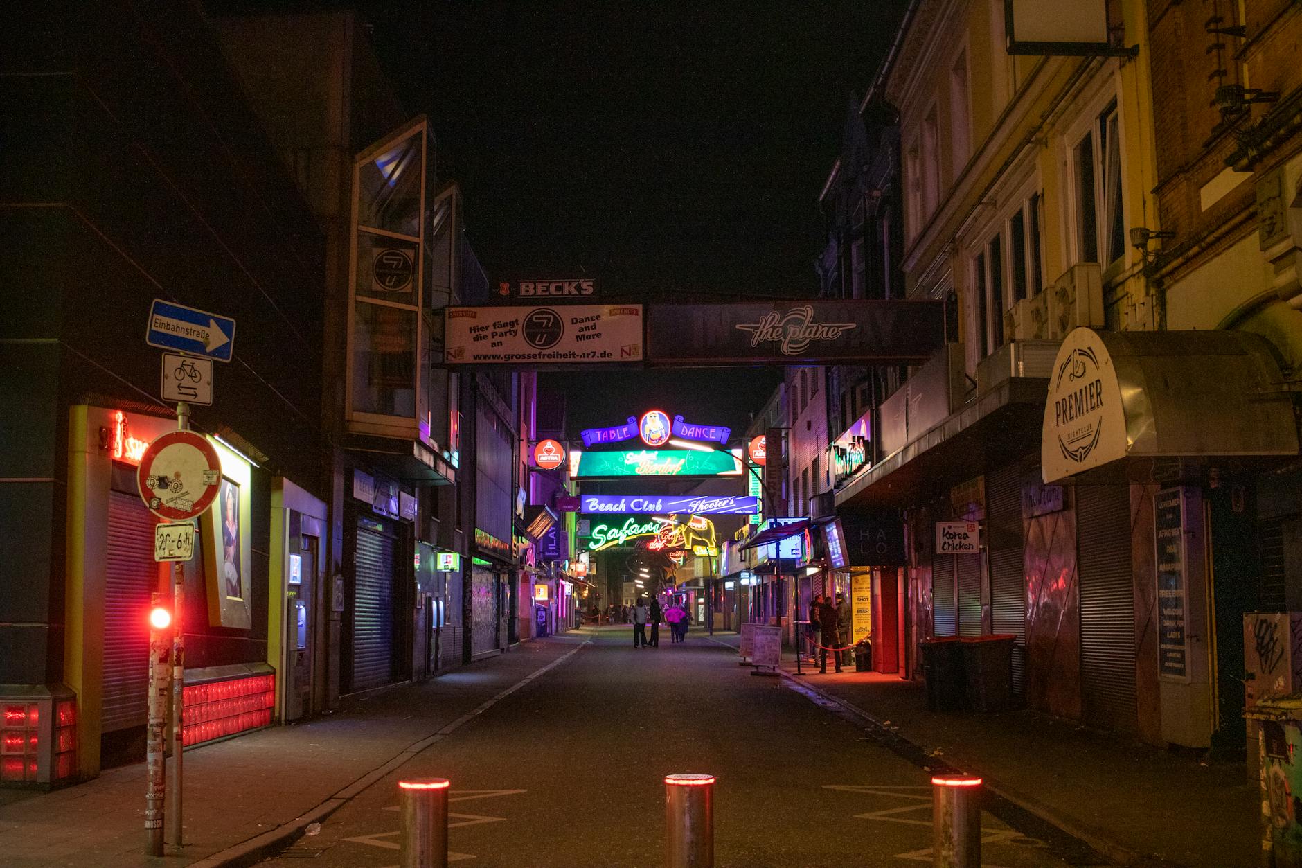 Colorful nightlife scene at Grosse Freiheit street in Hamburg Reeperbahn area