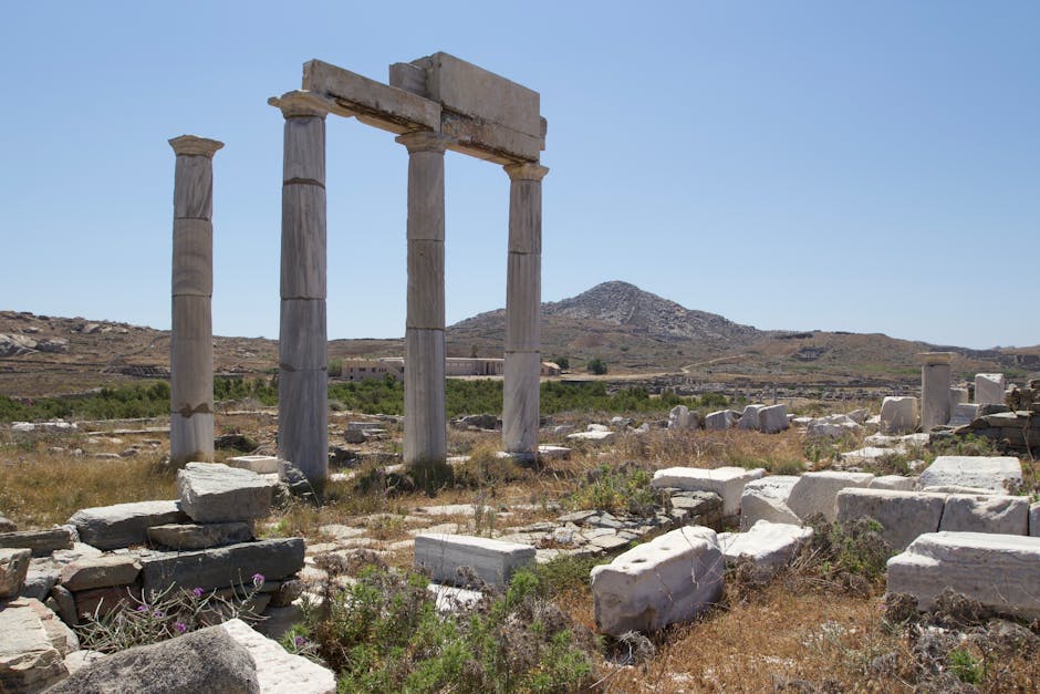 Ancient ruins and columns on the archaeological island of Delos, Greece