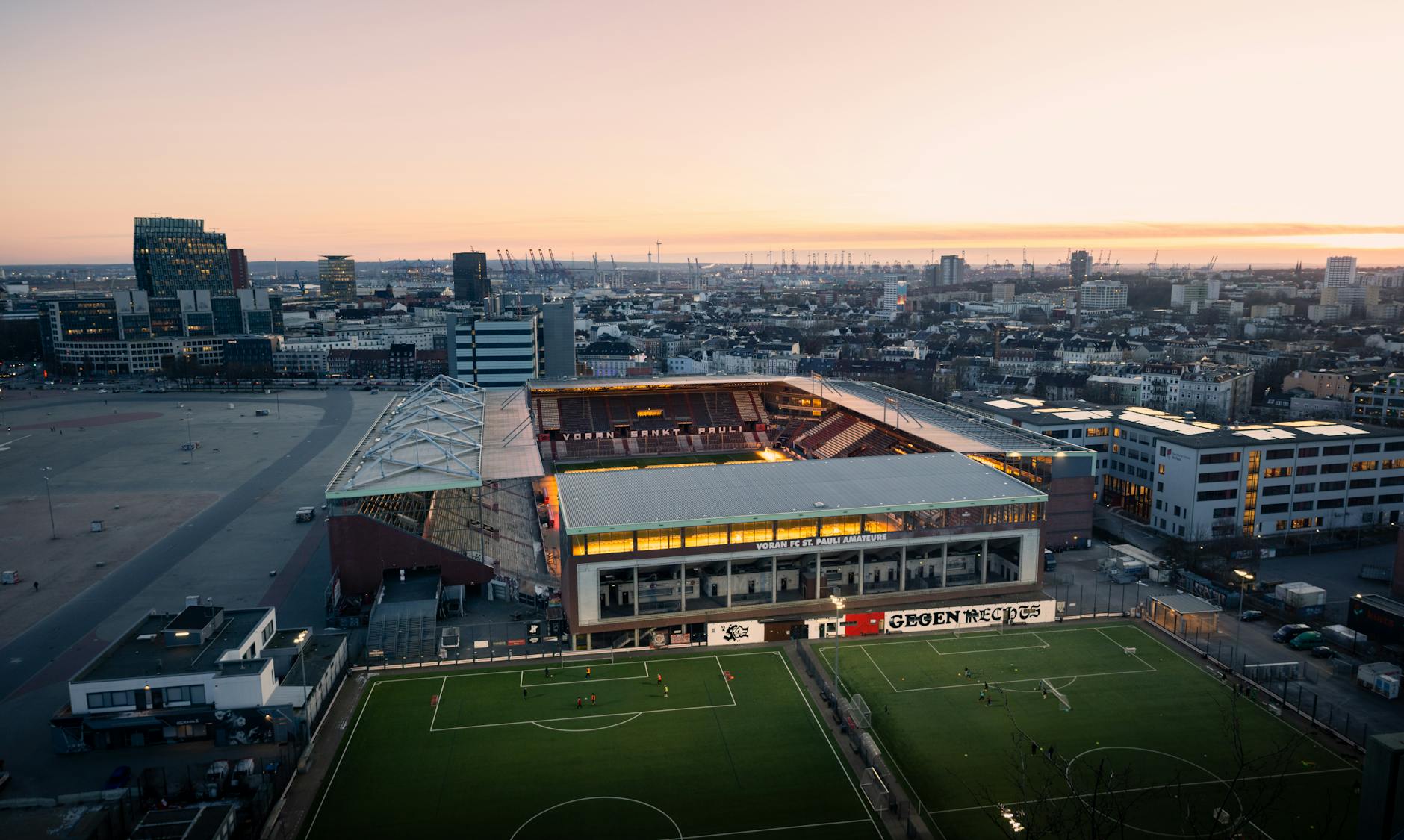 Aerial view of Millerntor-Stadion and St Pauli neighborhood in Hamburg at sunset