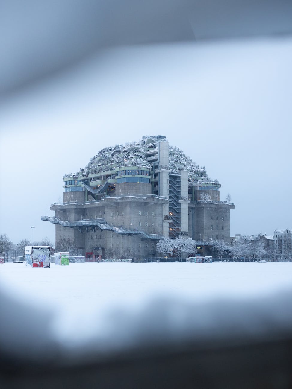 Snowy urban landscape with the St Pauli Bunker architecture in Hamburg Germany