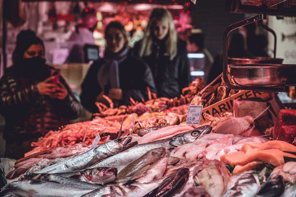 Fresh seafood displayed at a market in Barcelona Spain