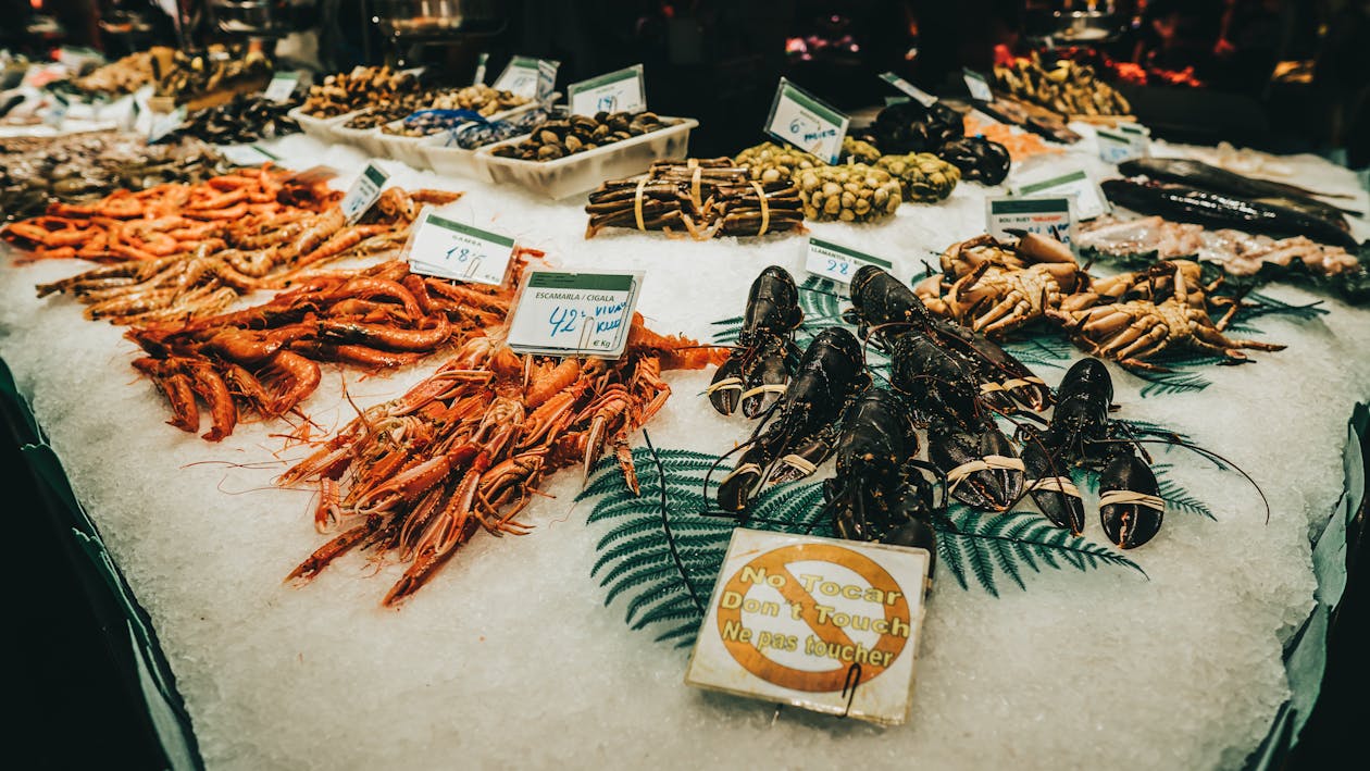 A display of fresh seafood at a market in Barcelona Spain