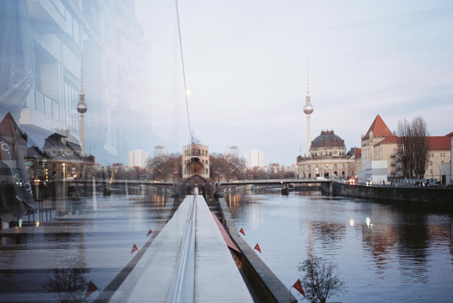Berlin Spree River with reflections of Fernsehturm at twilight