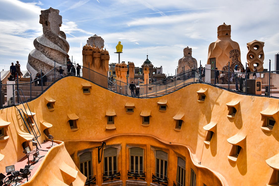 Unique rooftop architecture of Casa Mila in Barcelona designed by Gaudi
