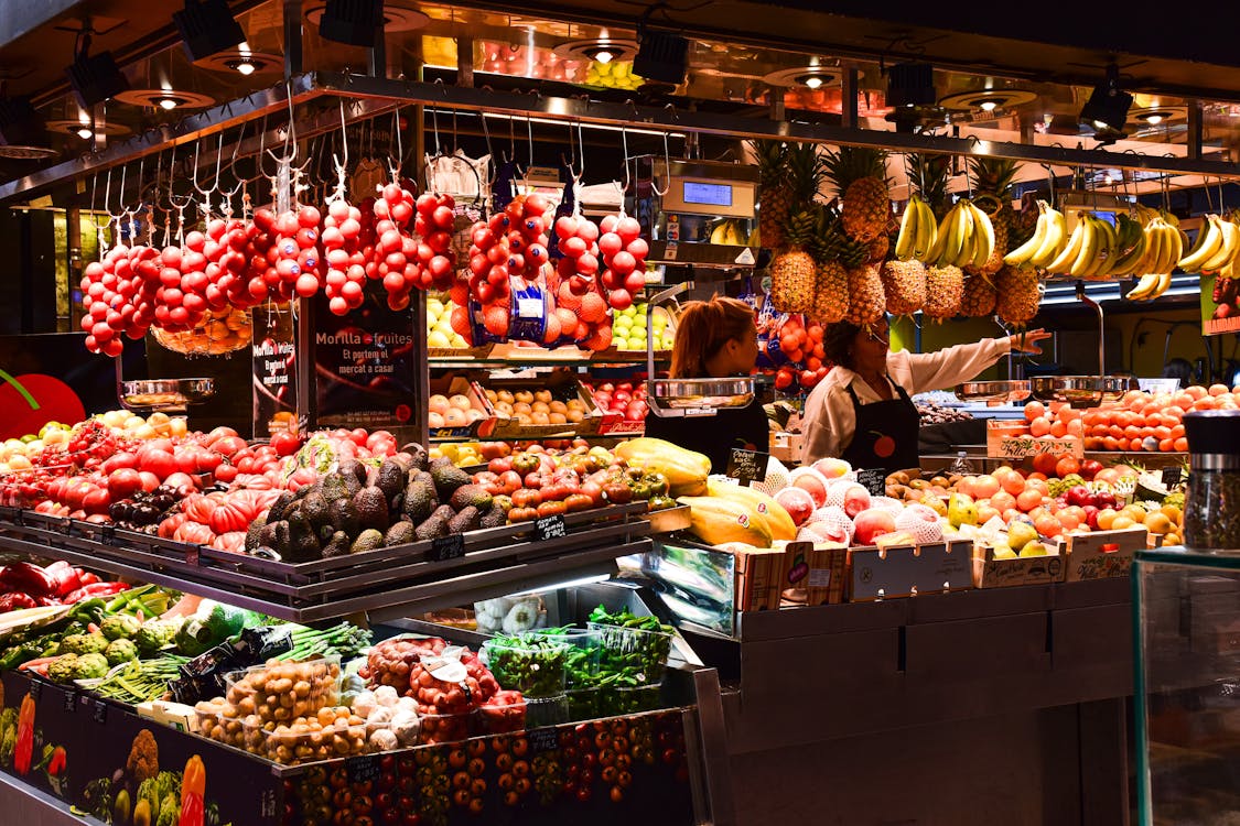 Colorful fruit stand in La Boqueria Market Barcelona showcasing fresh produce