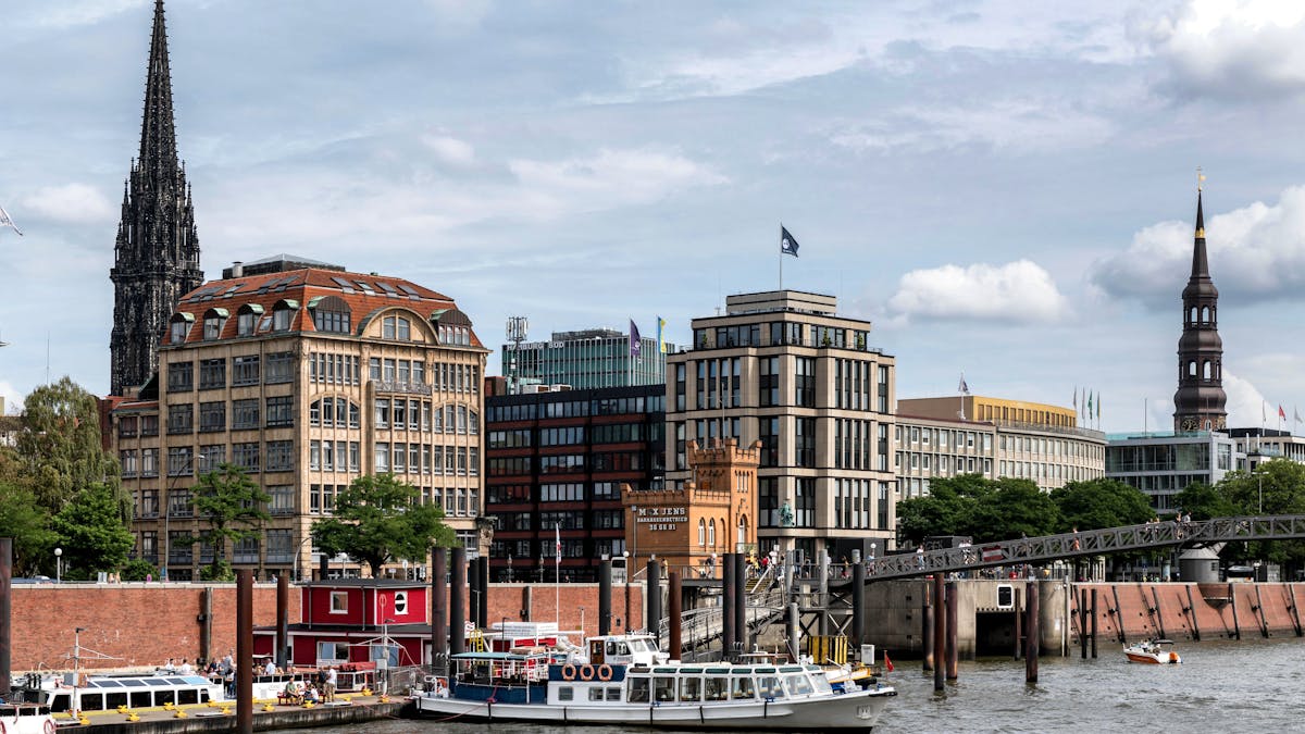 Panoramic view of Hamburg skyline and harbor with boats