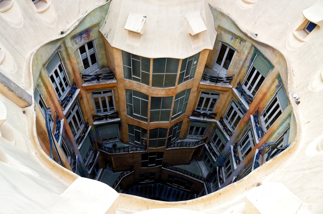 View from above of the unique courtyard inside Casa Mila an iconic landmark by Gaudi