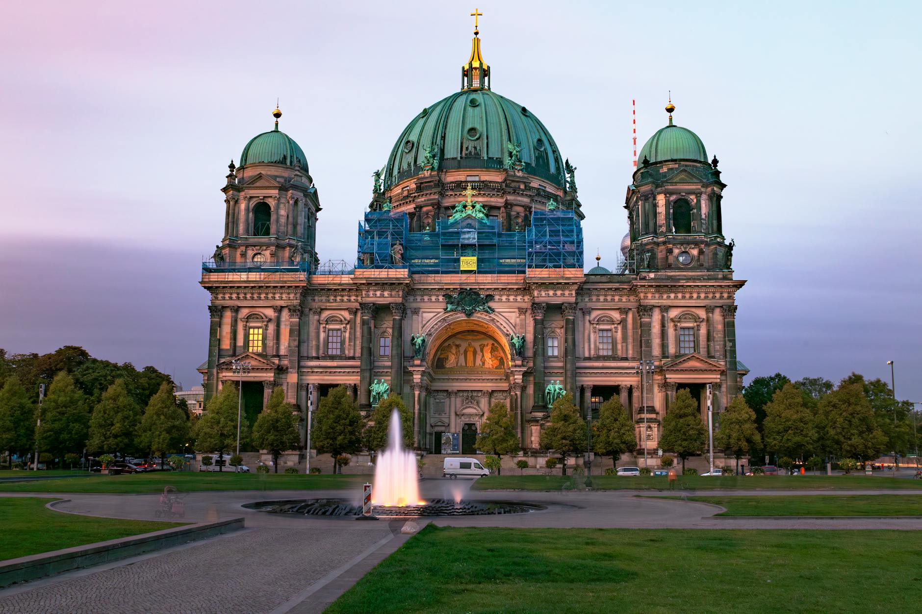 Berlin Cathedral illuminated by sunset hues