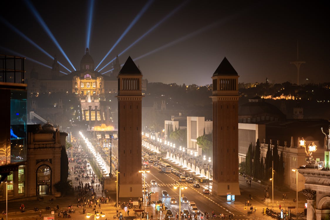 Night view of Barcelona with the National Palace illuminated against the sky