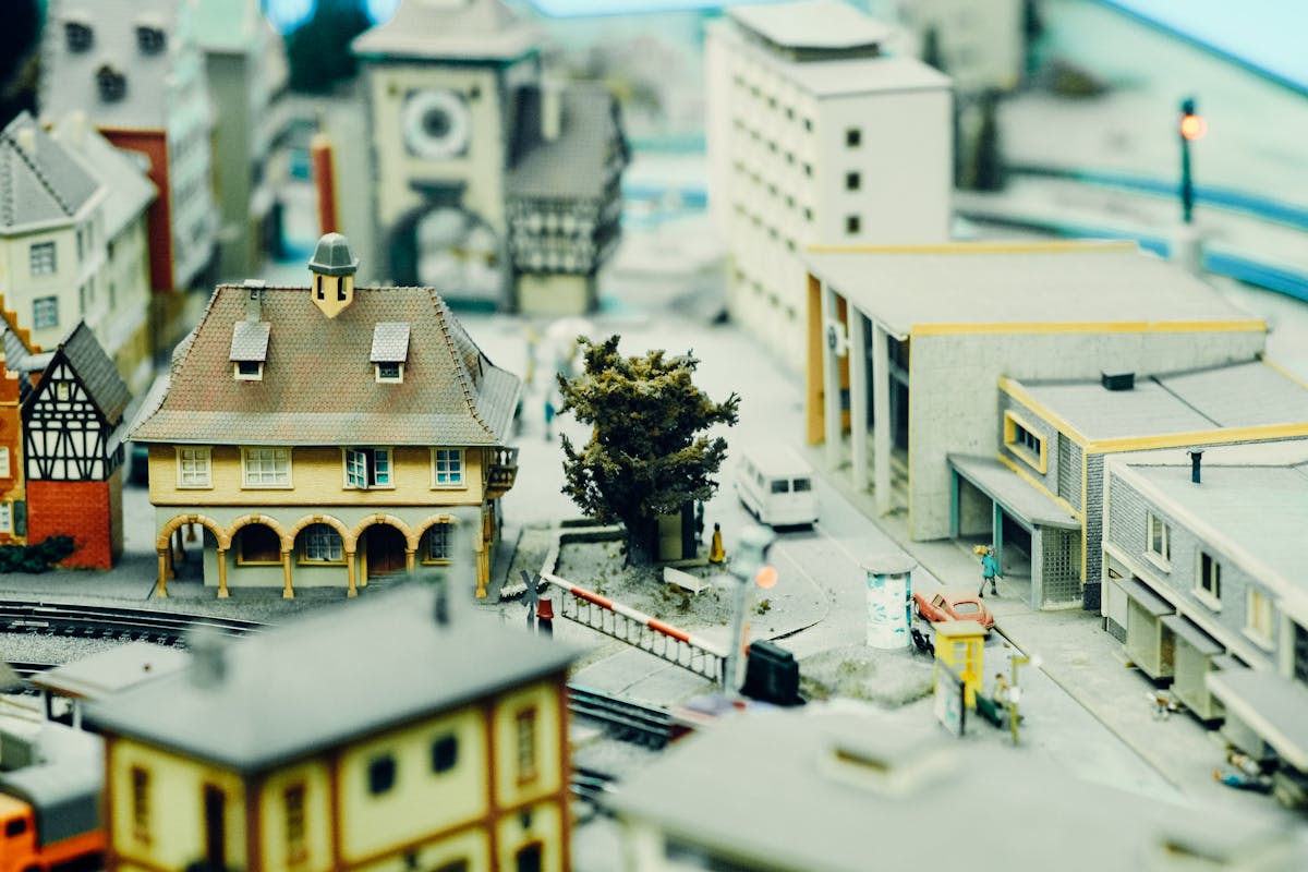 Detailed miniature model showing a cityscape with buildings and roads
