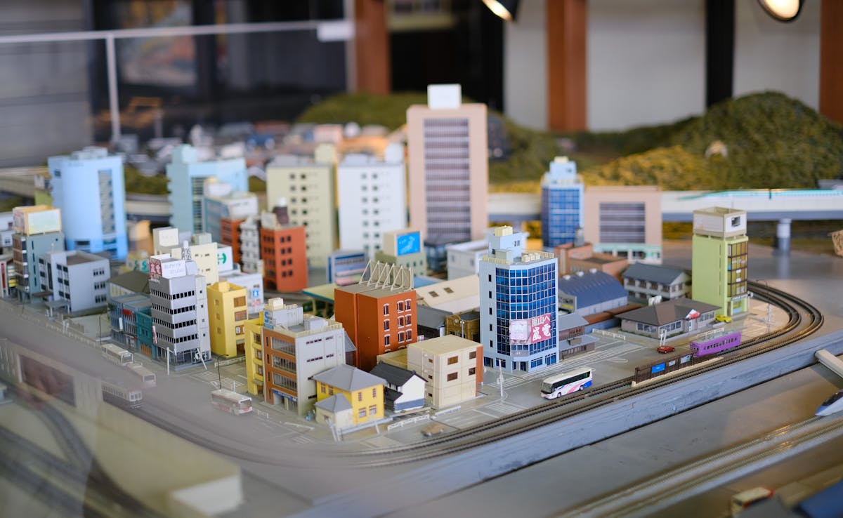 Detailed miniature cityscape featuring colorful buildings and roads