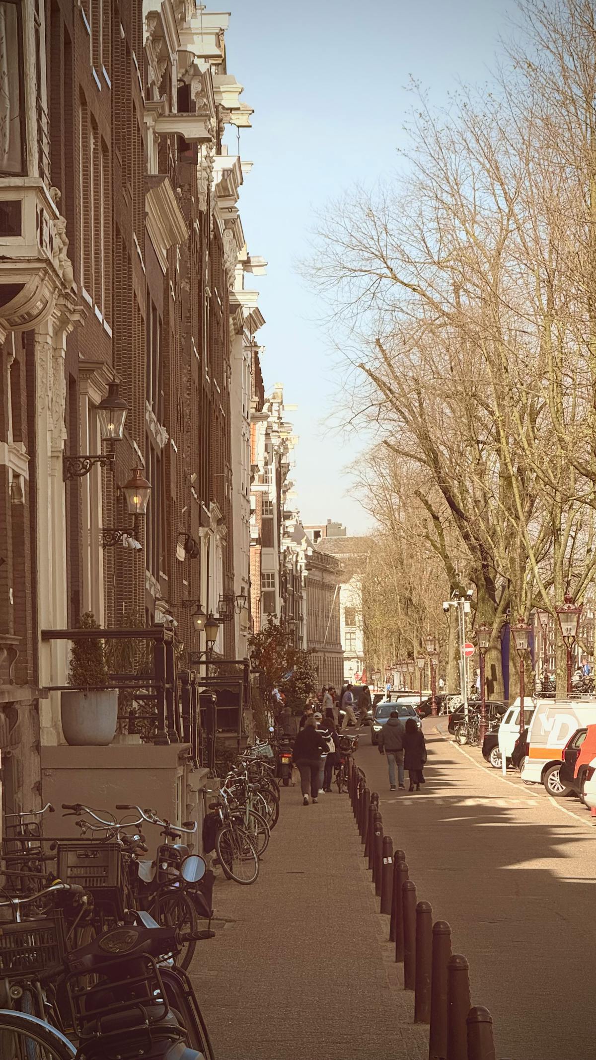 Enchanting streets of Amsterdam with bicycles parked along classic Dutch architecture on a sunny day