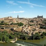 Panoramic view of Toledo Spain from across the Tagus River showing the hilltop city