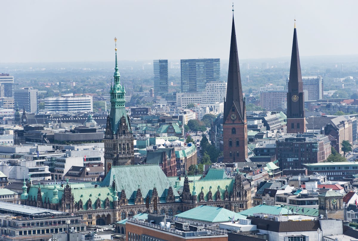 Aerial view of Hamburg city hall and iconic skyline