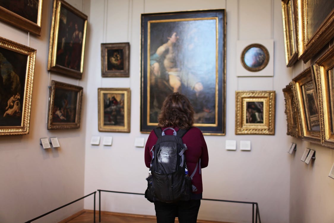 A visitor observes classic paintings in a tranquil museum gallery setting