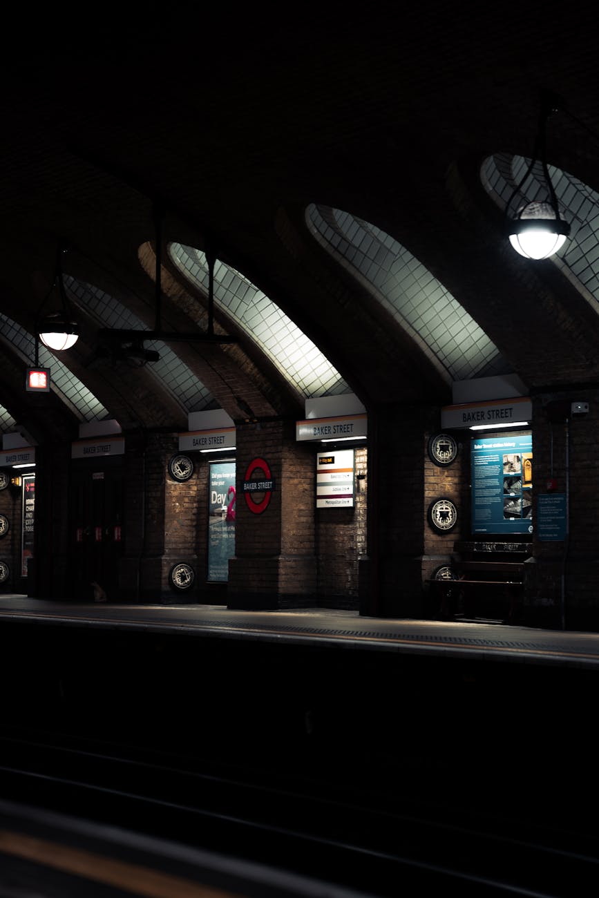 Moody view of Baker Street Station in London with vintage architecture