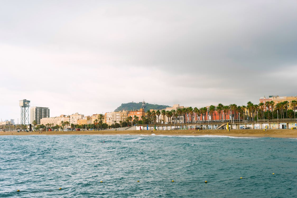 View of Barceloneta Beach in Barcelona with cityscape and palm trees under a cloudy sky