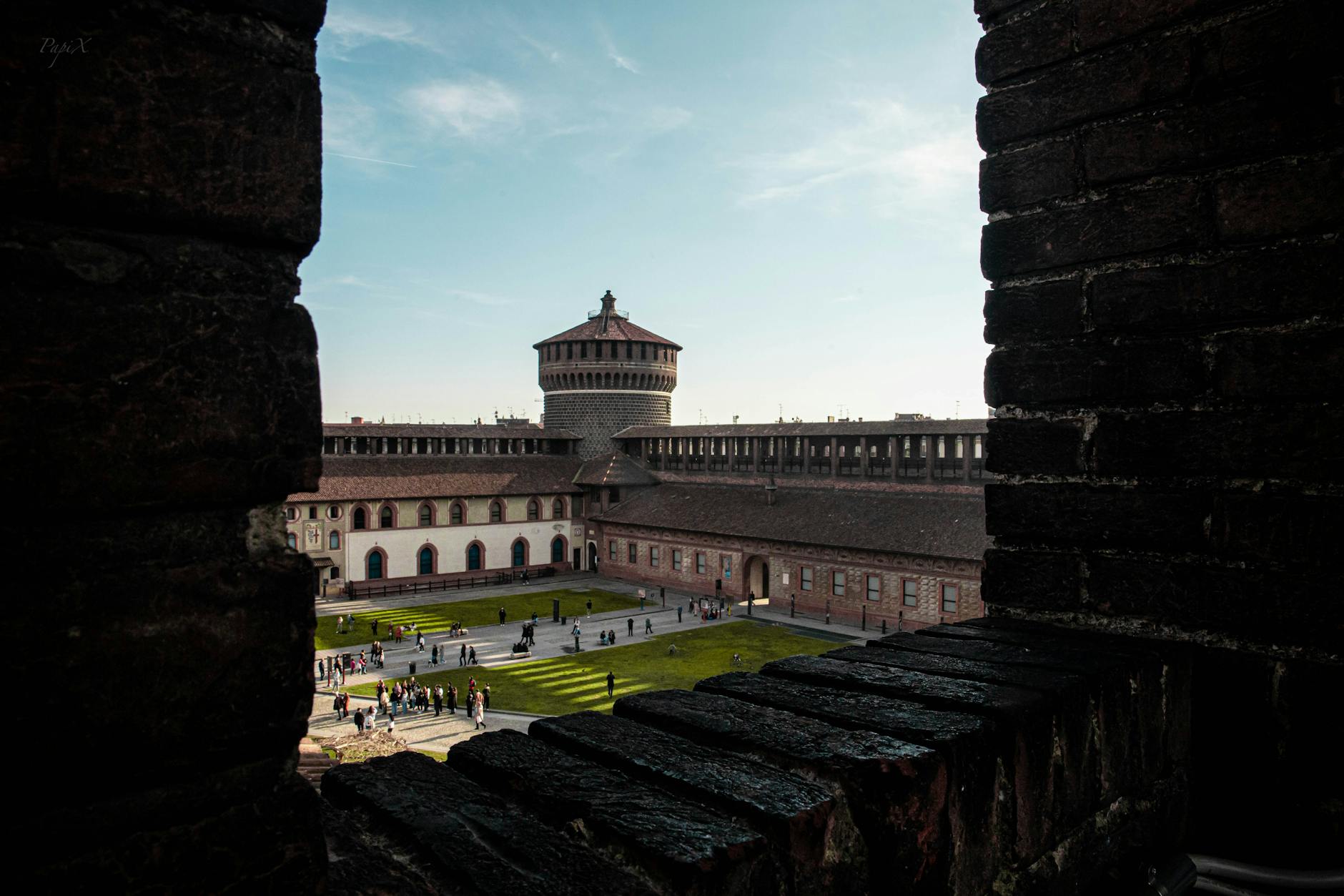 Castello Sforzesco fortress in Milan with its red brick tower