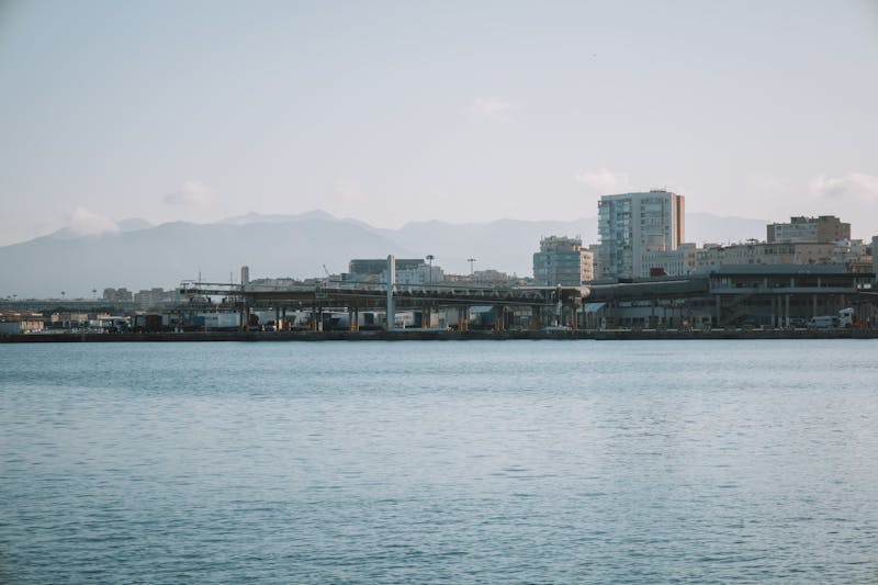 Malaga harbor with boats city skyline and mountain range in the background