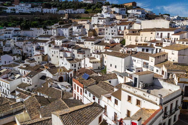 Aerial view of the whitewashed hillside town of Setenil de las Bodegas in Andalusia Spain