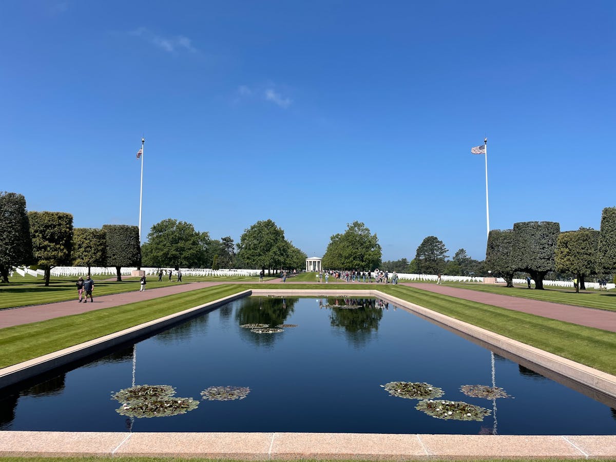 Peaceful reflecting pool at the Normandy American Cemetery in Colleville-sur-Mer