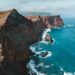 Aerial view of Madeira island rugged cliffs meeting the Atlantic Ocean