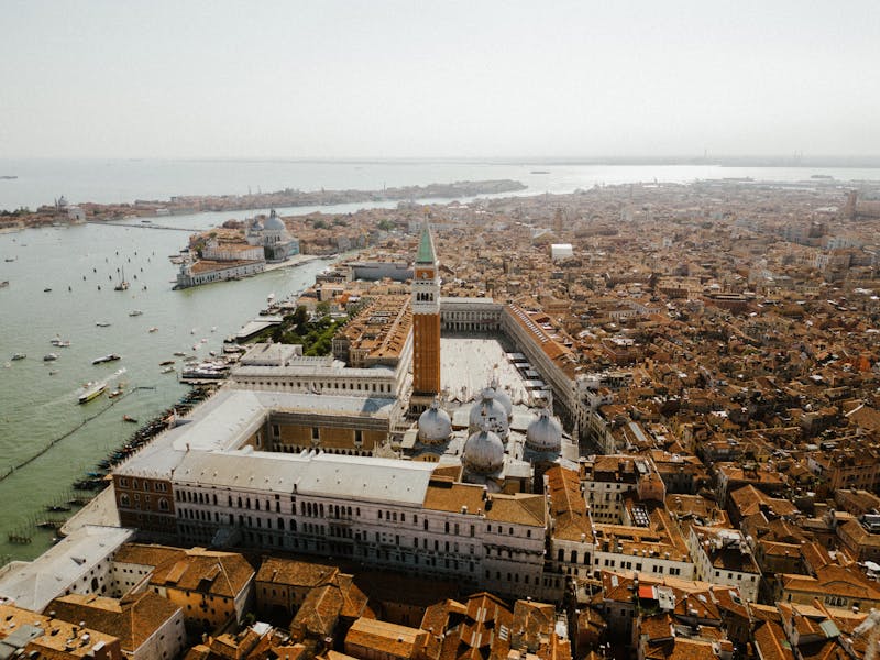 Stunning aerial view of Venice showing St Marks Basilica and surrounding canals