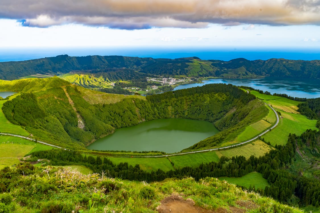 Breathtaking view of lush green caldera landscapes in the Azores, Portugal