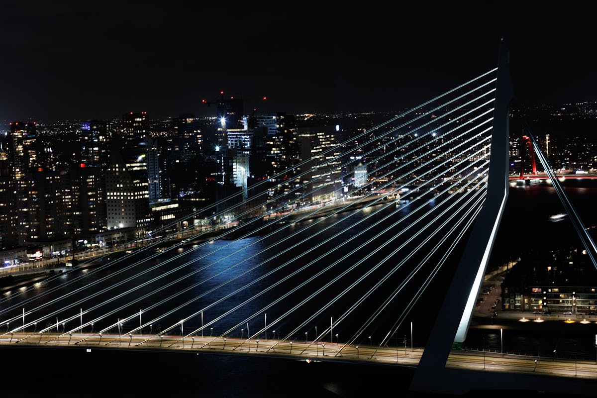 The Erasmus Bridge and Rotterdam skyline lit up at night with reflections on the water