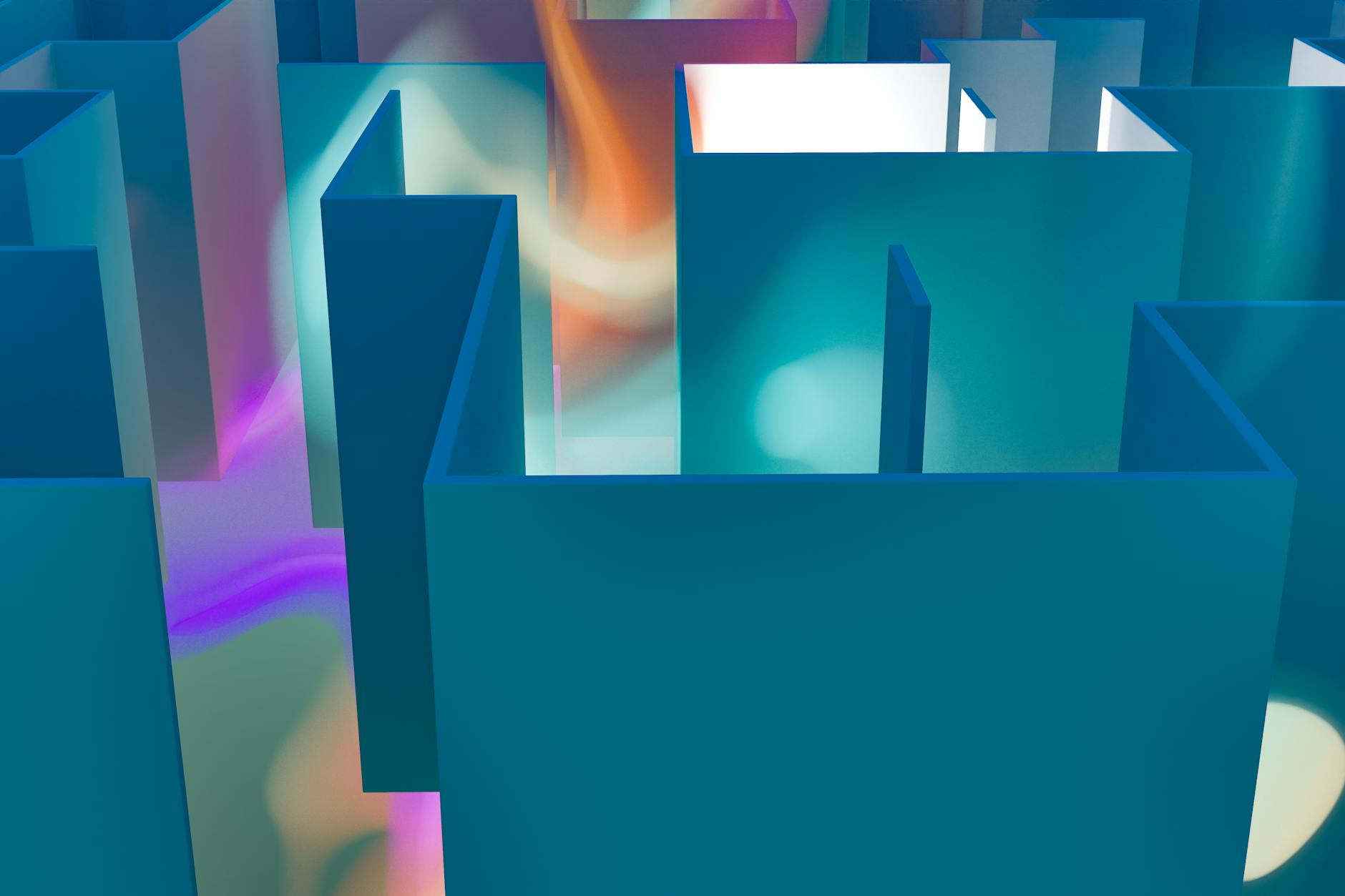 Abstract art featuring geometric maze shapes with purple green and orange lighting effects