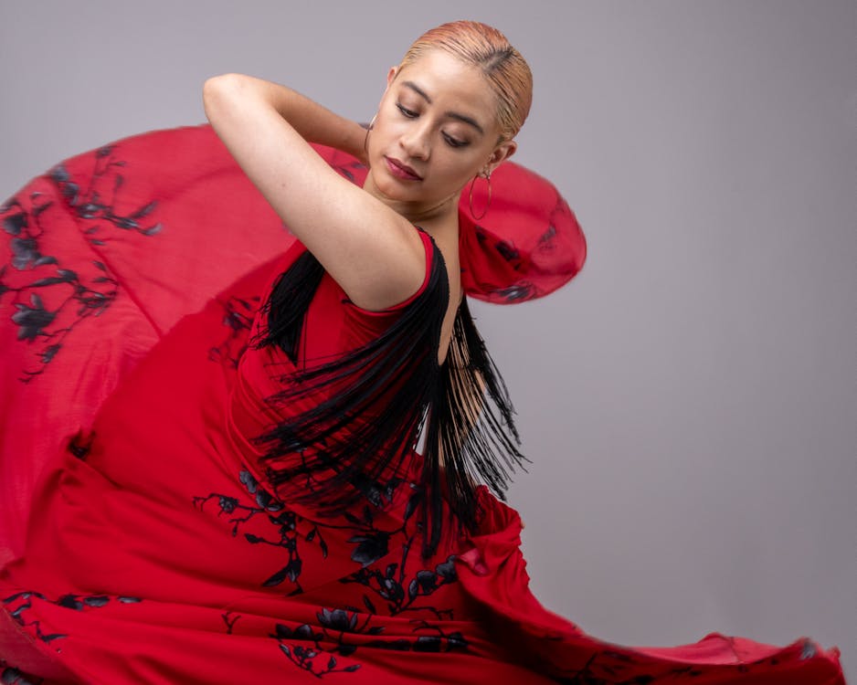 An expressive flamenco dancer performing with intense emotion