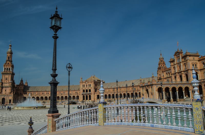 Plaza de Espana in Seville Spain showing the grand semicircular building and central fountain