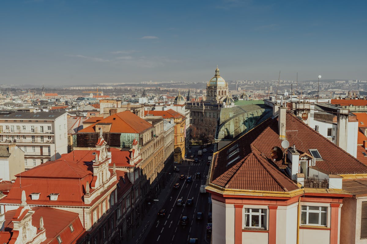 Aerial view of Prague historic architecture with the National Museum in the background