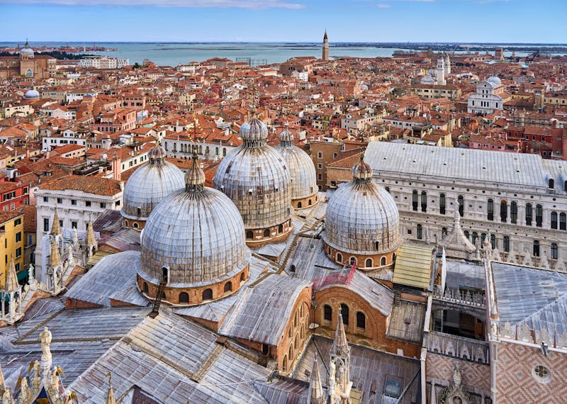 Aerial photograph showing the distinctive domes of St Marks Basilica from above