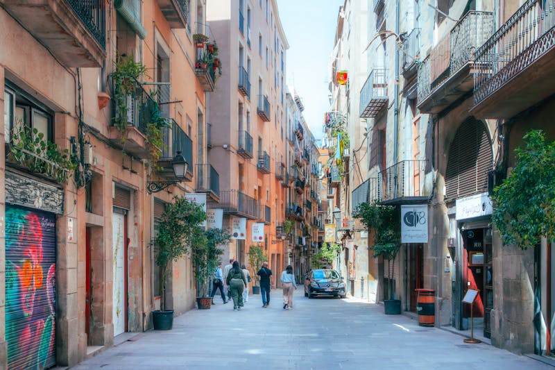 Narrow streets of Barcelona Gothic Quarter with historic buildings