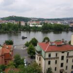 Panoramic view of Prague showing the Vltava River and historic architecture