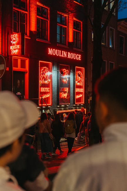 Nighttime view of neon lights in Amsterdam nightlife district