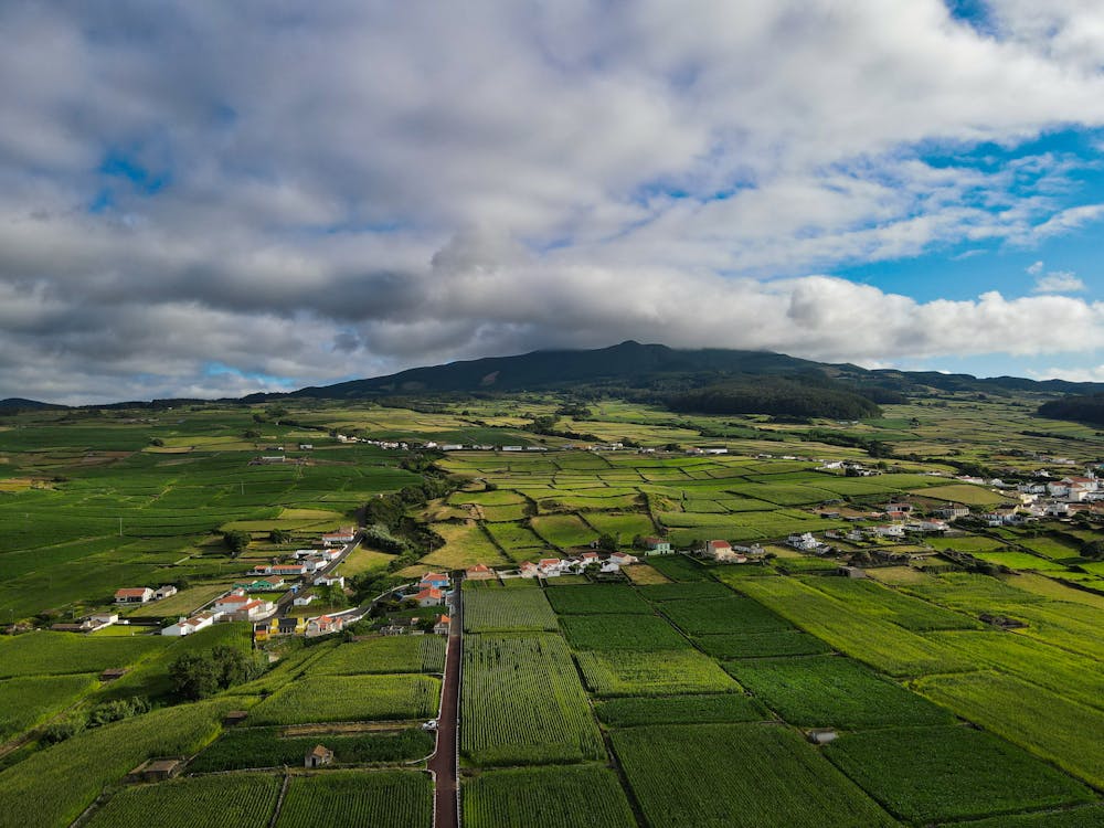 Stunning aerial view of expansive green farmland in Sao Miguel, Azores