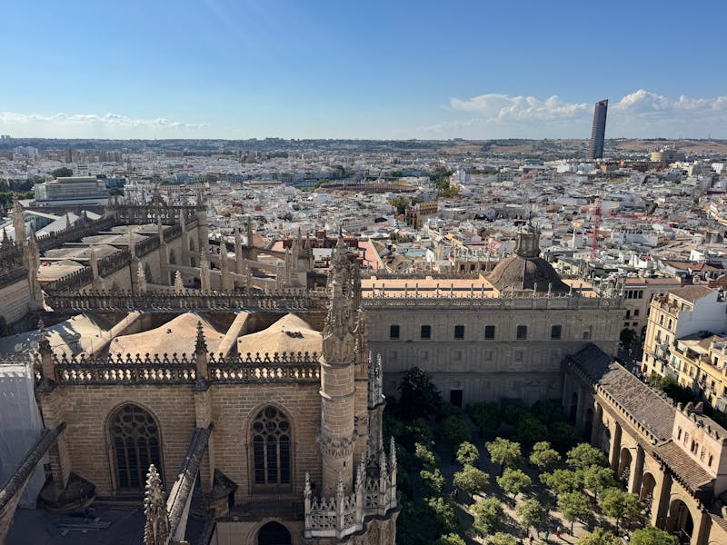 Aerial photograph of Seville Cathedral surrounded by the city rooftops