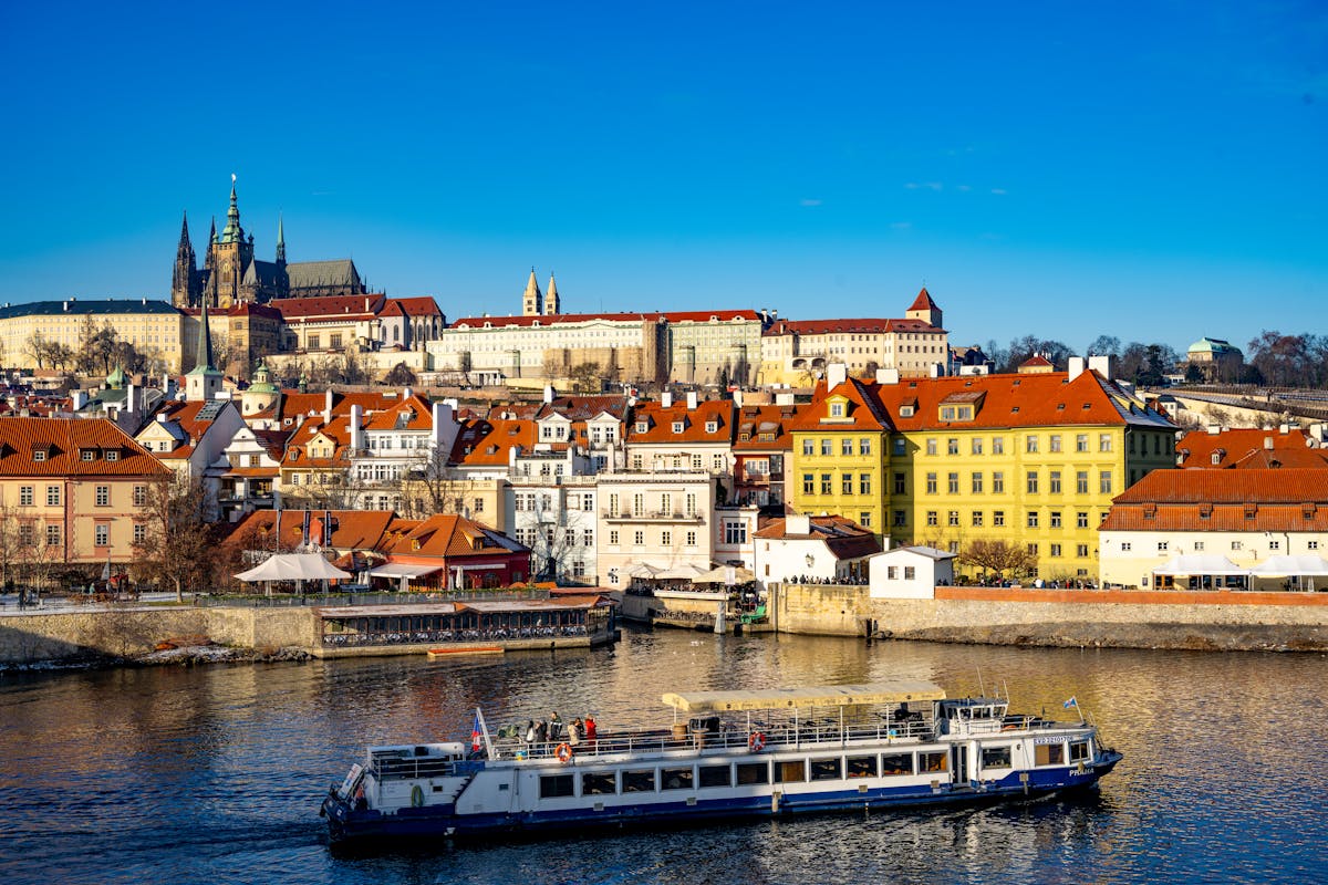 Prague historic architecture and the Vltava River photographed on a clear day