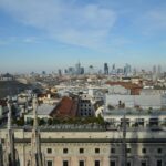Panoramic view of Milan skyline from the Duomo cathedral rooftop