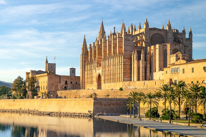 La Seu Cathedral by the Mediterranean in Palma Mallorca under blue sky