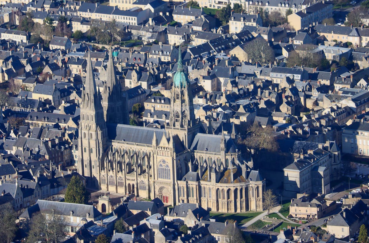 Aerial view of the historic Bayeux Cathedral in Normandy, France