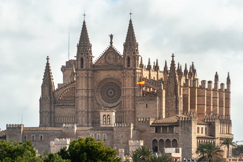 The Gothic exterior of Palma Cathedral seen from below against white clouds